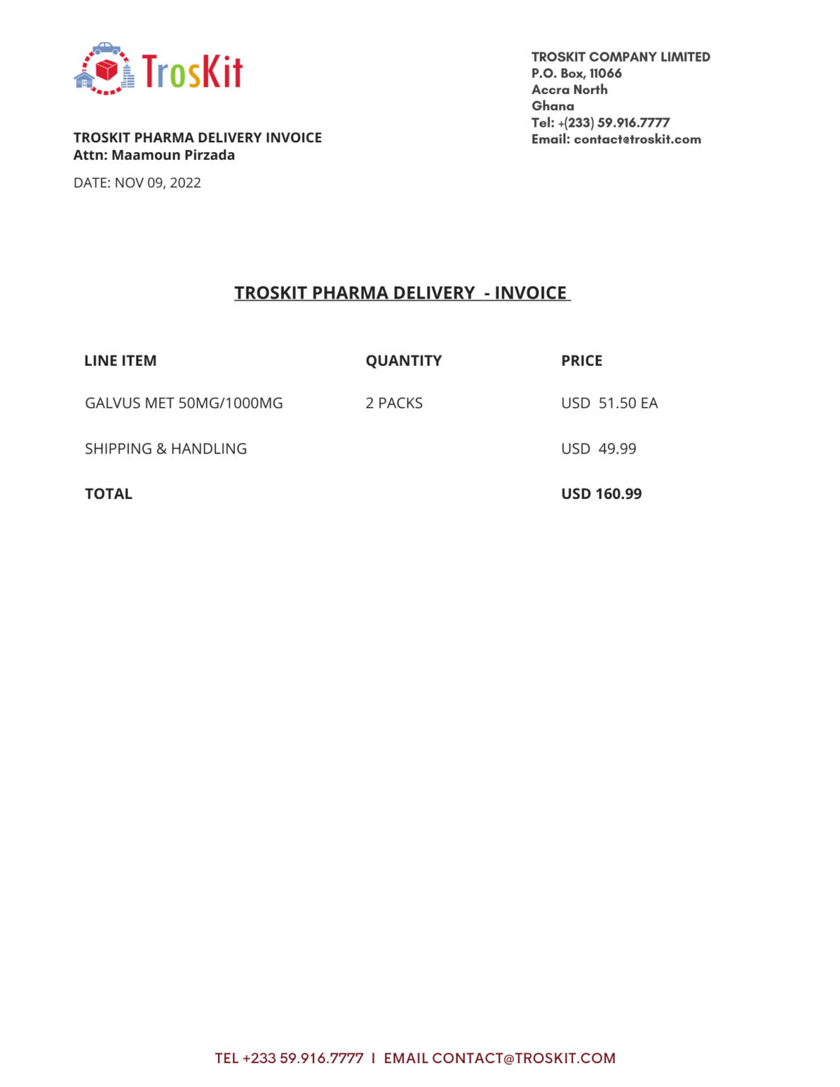M. Pirzada- Pharma Delivery Invoice 9/11/2022 - Troskit